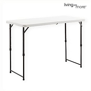 Living and More 4 Foot Height Adjustable Fold-in-Half Table with Carrying Handle, Easy Folding and Storage, Indoor Outdoor Use, White