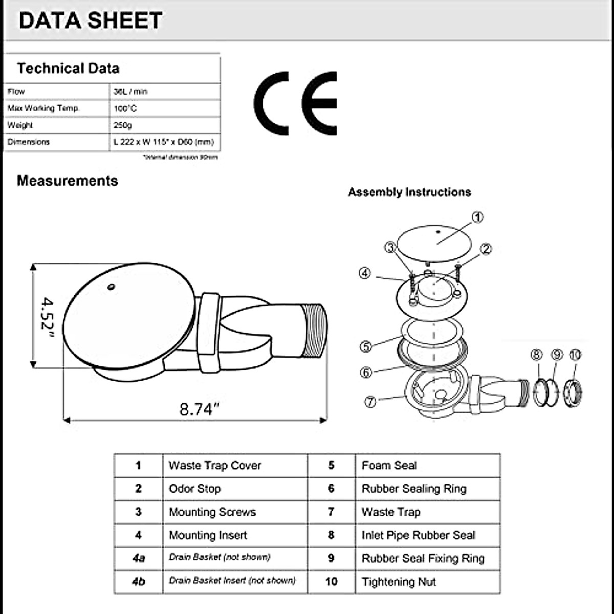 Low Profile Shower Drain Chrome Plated ABS Shower Tray Siphon Slim Drain 90mm 36 L/min Water Flow, Low Profile p Trap Side Drain