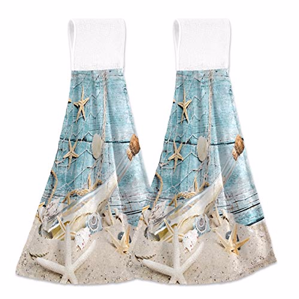 KOCOART Starfish and Seashell Bathroom Hand Towels Beach Sand Wood Hanging Kitchen Dish Towel with Loop 2PCS, Soft Super Absorbent Washcloth Fingertip Towel for Home Decor 12x17 in