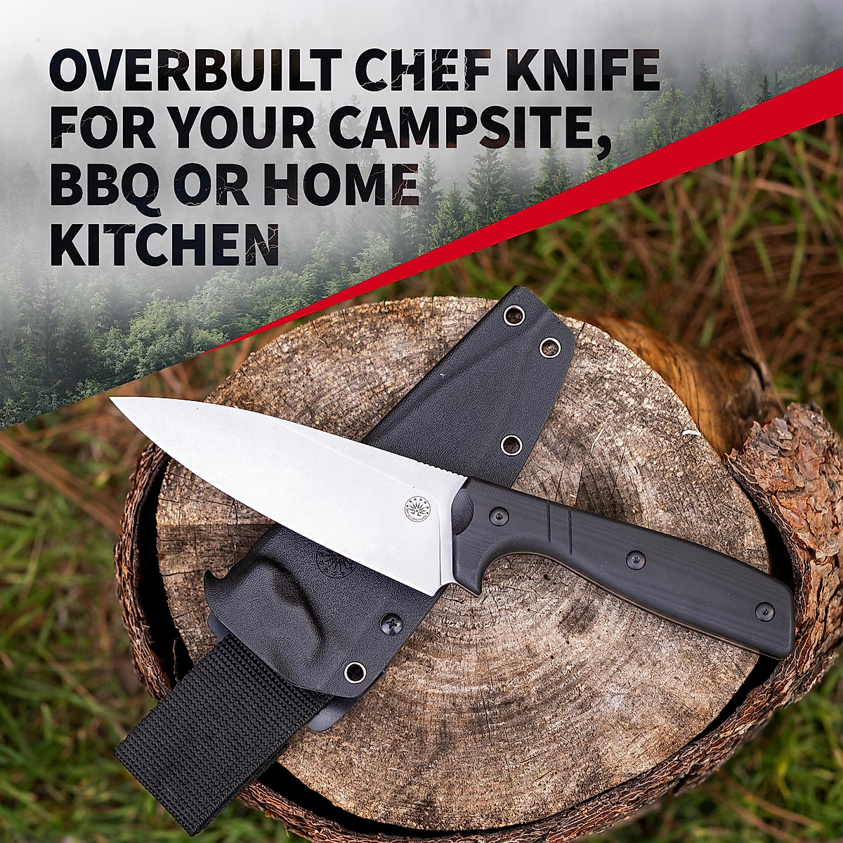 Off-Grid Knives - Sierra Chef Knife with Sandvik 14C28N Stainless Steel, Kydex Sheath and Belt Clip, G10 Scales, Camping, BBQ & Home Kitchen Use (Stonewash)