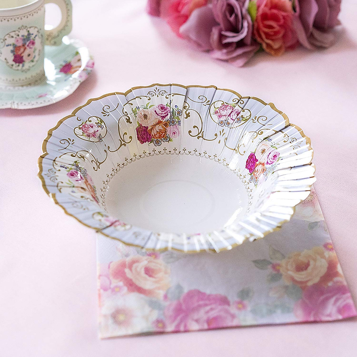 Talking Tables Truly Scrumptious Vintage Floral Paper Bowls in 2 Designs for a Tea Party or Birthday, Blue/Pink (24 Pack)