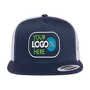 Your Logo Embroidered On Yupoong 6006 Flatbill Trucker Snapback Hat Custom Logo (Navy/White)