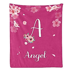 Custom Blanket with Name Text,Personalized Beautiful Pink Peach Blossom Rose Red Super Soft Fleece Throw Blanket for Couch Sofa Bed (50 X 60 inches)