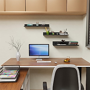 Giftgarden 16 Inch Black Floating Shelves with Black Metal Guardrail, Wood Shelves for Wall Storage Set of 3, Wall Shelf for Bathroom Bedroom Living Room Kitchen Nursery