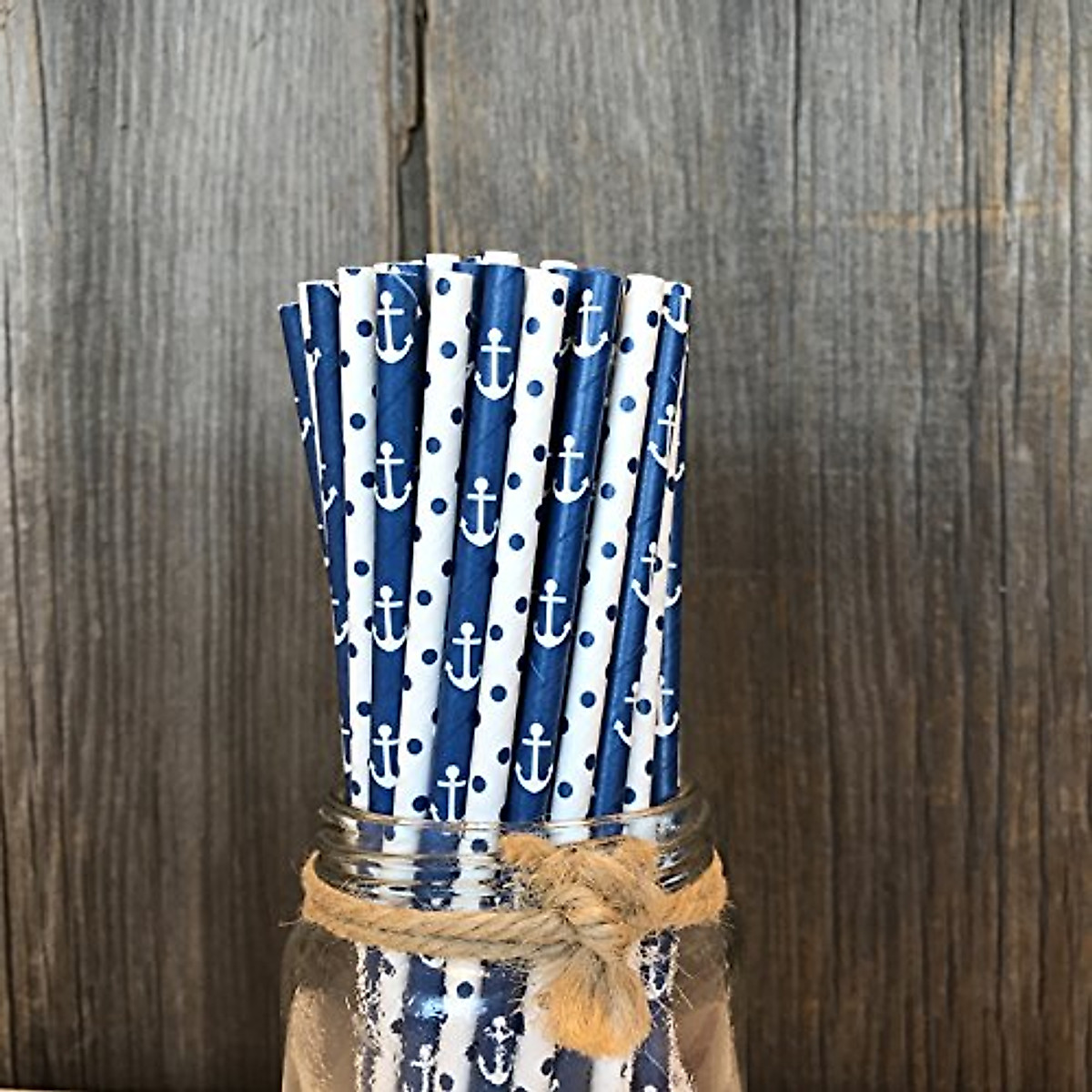 Nautical Theme Anchor and Polka Dot Nautical Theme Paper Straws - Navy Blue and White - 7.75 Inches - 100 Pack