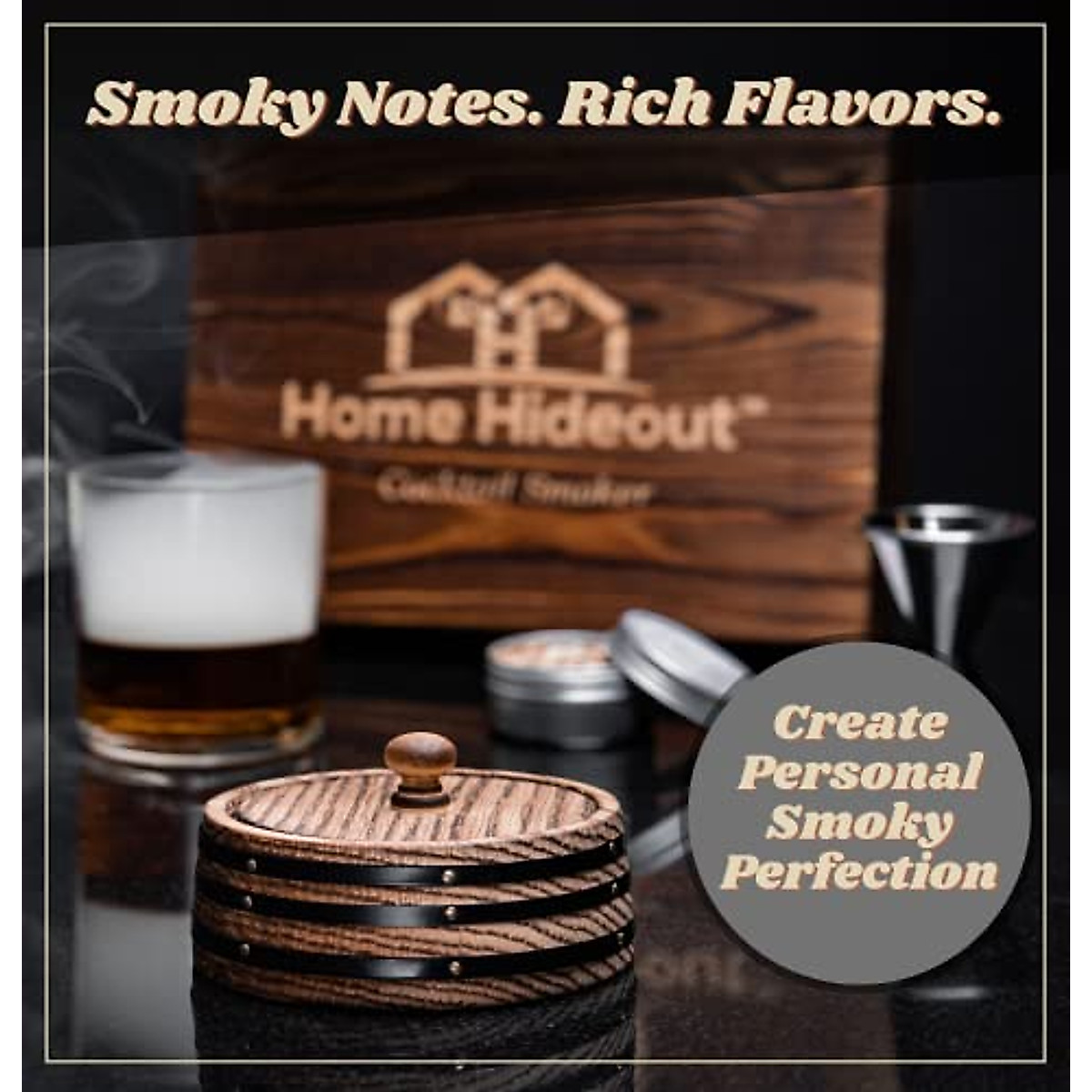 Whiskey Barrel Design Cocktail Smoker Kit with Torch and 4 Flavored Wood Chips (Oak, Hickory, Mesquite, and Cherry) - Old Fashioned Cocktail Kit/Bourbon Smoker Kit; Whiskey Smoker, Bourbon Gifts for Men (No Butane)