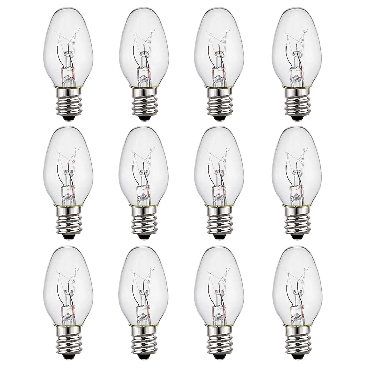 C7 Night Light Bulb 4 Watt,E12 Candelabra Base, 15 Lumens，Incandescent Light Bulb, Clear, Soft White - 12 Pack
