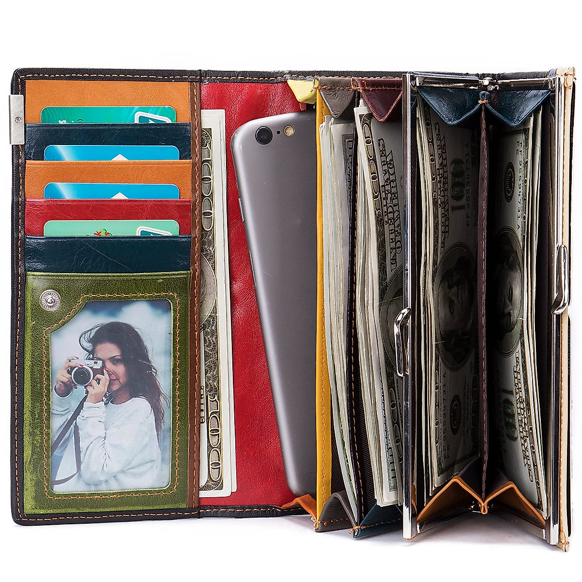 MASIWEI Genuine Leather Folded Wallet for Women Credit Card Holder RFID Blocking Cell Phone Pouch Patchwork Style (Rhombus-1)