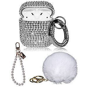 4in1 Bling for AirPod Case Diamonds Cover Set Kit, Luxurious Rhinestone PC for AirPods 2/1 Case Accessories for Women Girl w/Cute Fur Ball Pompom Keychain/Crystal Bracelet/Lobster Clasp Keychain