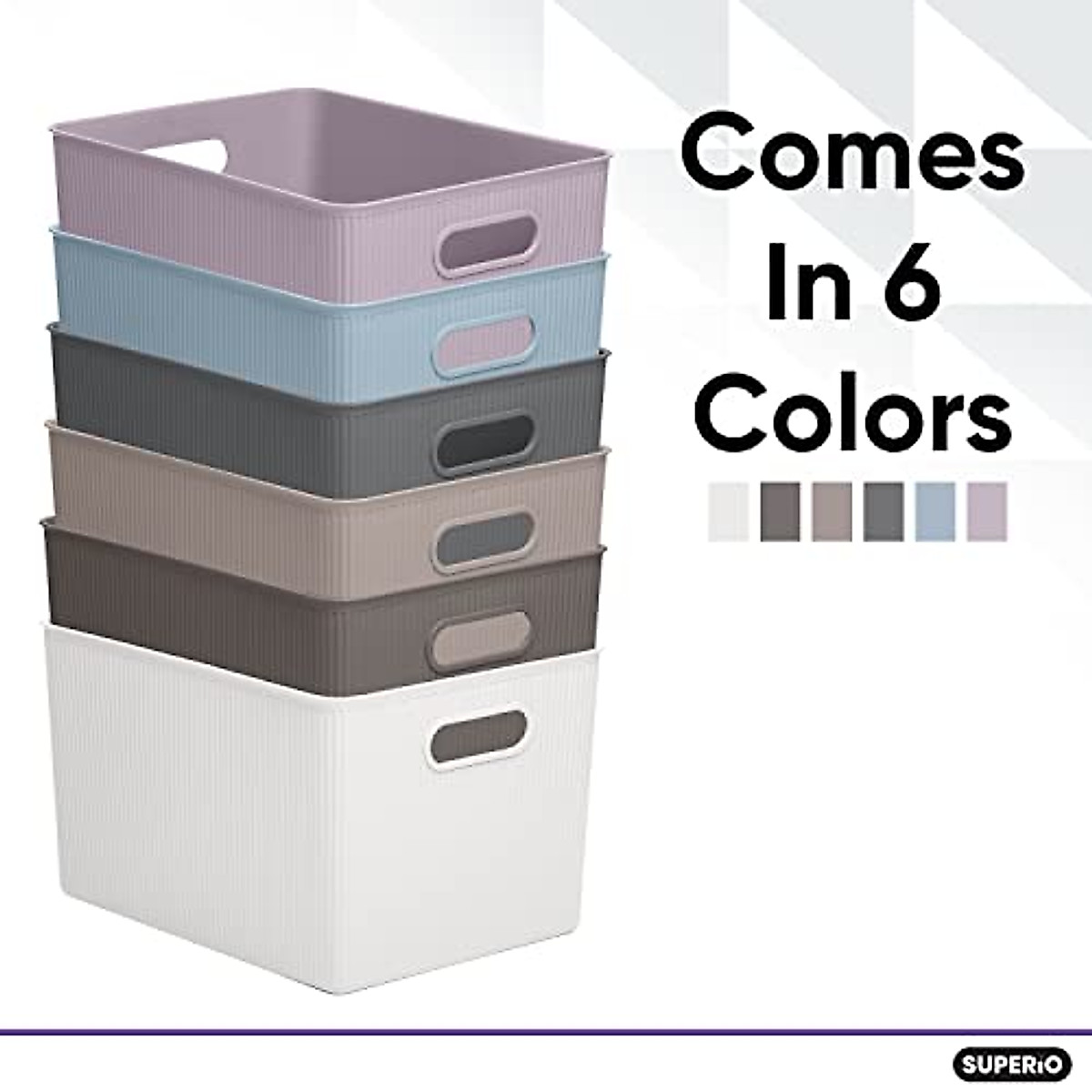 Superio Decorative Plastic Open Home Storage Bins Organizer Baskets, White & Lilac (Set of 2) 2 X-Large - Container Boxes for Organizing Closet Shelves Drawer Shelf - Ribbed Collection