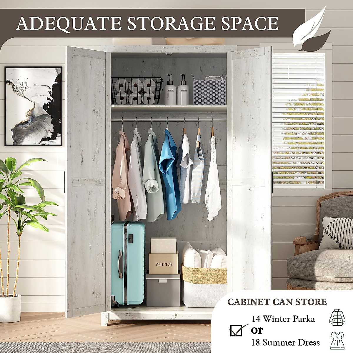 LUXOAK 70" Large Armoire Wardrobe Closet with Hanging Rod, Farmhouse Clothing Storage Cabinet with 2 Barn Doors, Wooden Tall Bedroom Armoires with Shelf, Distressed White