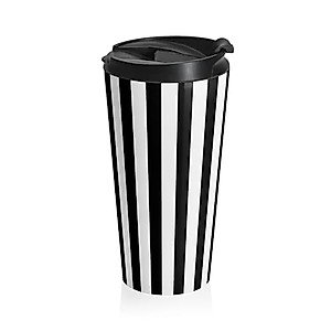 Black White Striped 15oz Stainless Steel Travel Mug, Screw on Lid Tumbler.