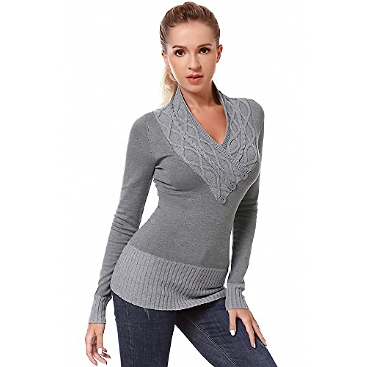 AmélieBoutik Women Crossover Cable Knit V Neck Long Sleeve Pullover Sweater (Gray Large)