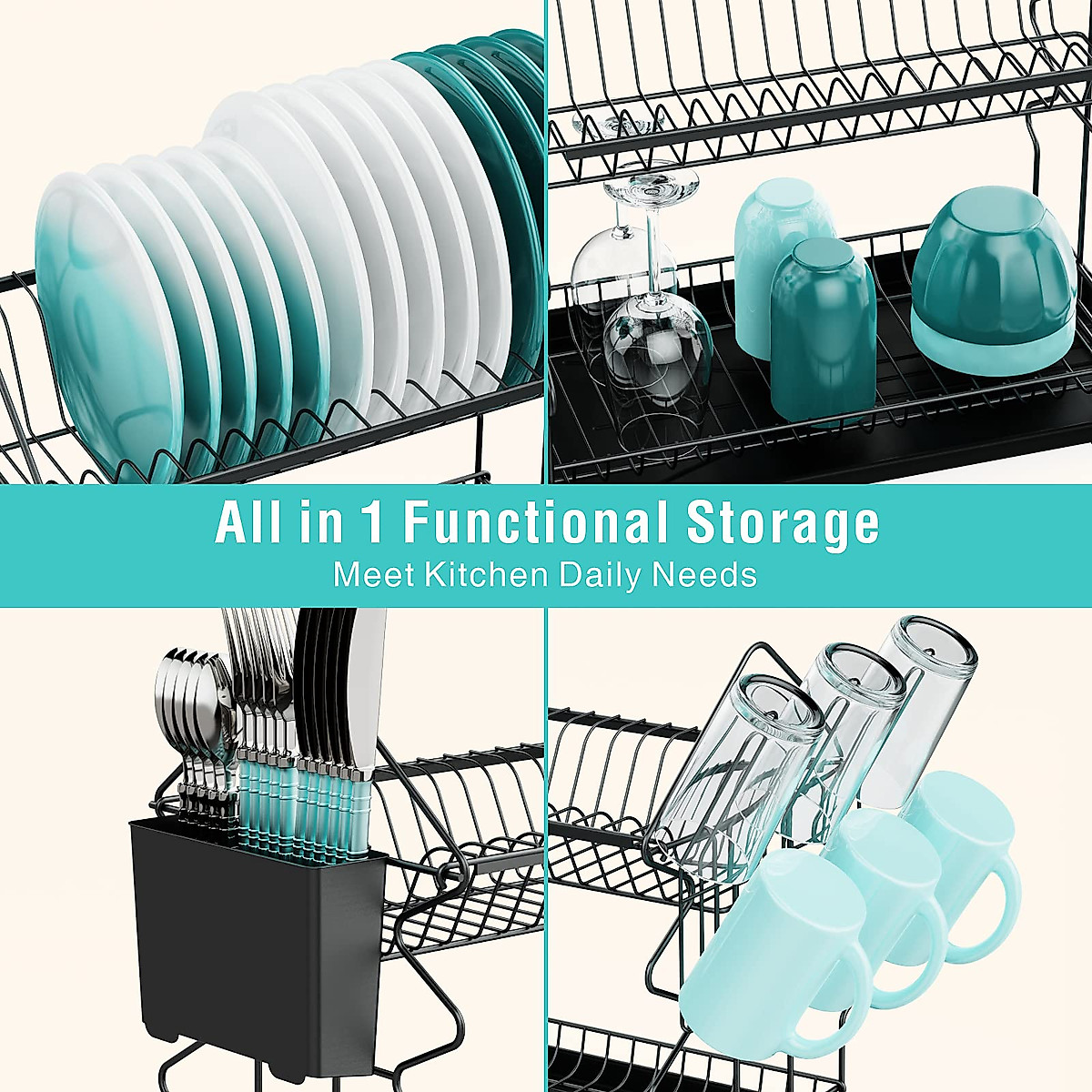 Veckle Dish Drying Rack for Kitchen Counter 2 Tier Small Dish Racks for Plates and Bowls Sets Rust-Resistant Dinnerware Drainer with Drainboard Tray, Glass Holder and Utensil Holder, Black