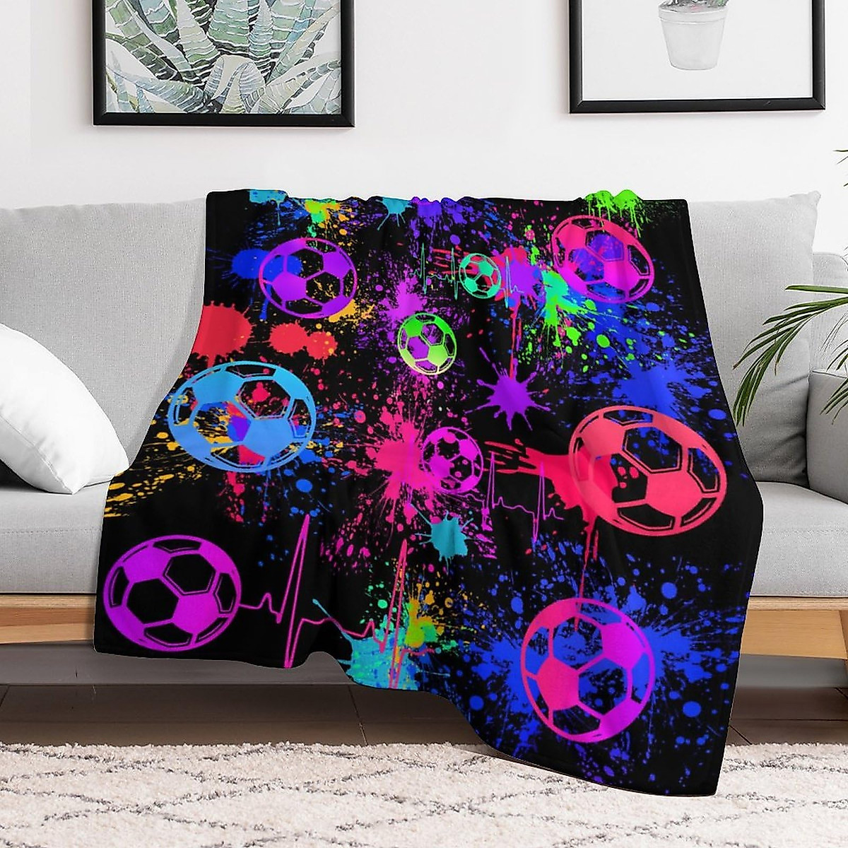 Soccer Throw Blanket - Soft Flannel Sports Soccer Blankets for Girls Boys Kids Soccer Lovers - Warm Soccer Throw Blankets for All Season Lap, Chair, Sofa - 50"x40"