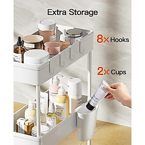 Pipishell Bathroom Cart, 2 Pack Slim Storage Cart Organizer with Hanging Cups & Hooks, Rolling for Bathroom, Laundry Room, Kitchen, Set of 2, PIUC07WK2