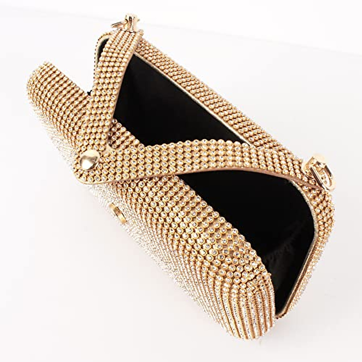 Reberomantic Women Shiny Metal Handbag Chain Vintage Evening Clutch Purse (T-button gold)