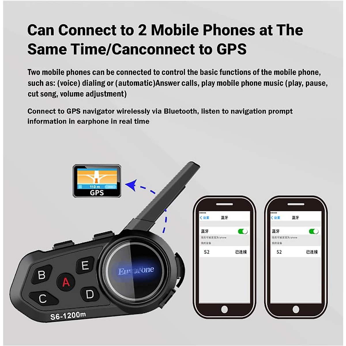 EuroFone S6 Motorcycle Helmet Bluetooth Intercom Headset, Intercomunicador para Casco De Moto, 2 Riders 1200m 6 Riders 6km, 2 People Real-time Talk, CVC Noise Reduction, IP65 Waterproof（1Pack）