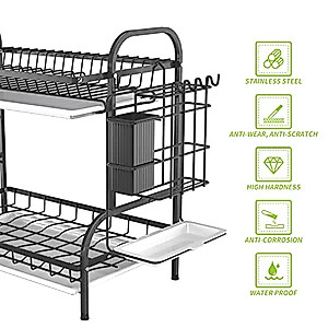 Boiarc Dish Drying Rack, 2 Tier Dish Rack for Kitchen Counter with Drainboard and Utensil Holder, Large Dish Drainer for Small Kitchen - Black