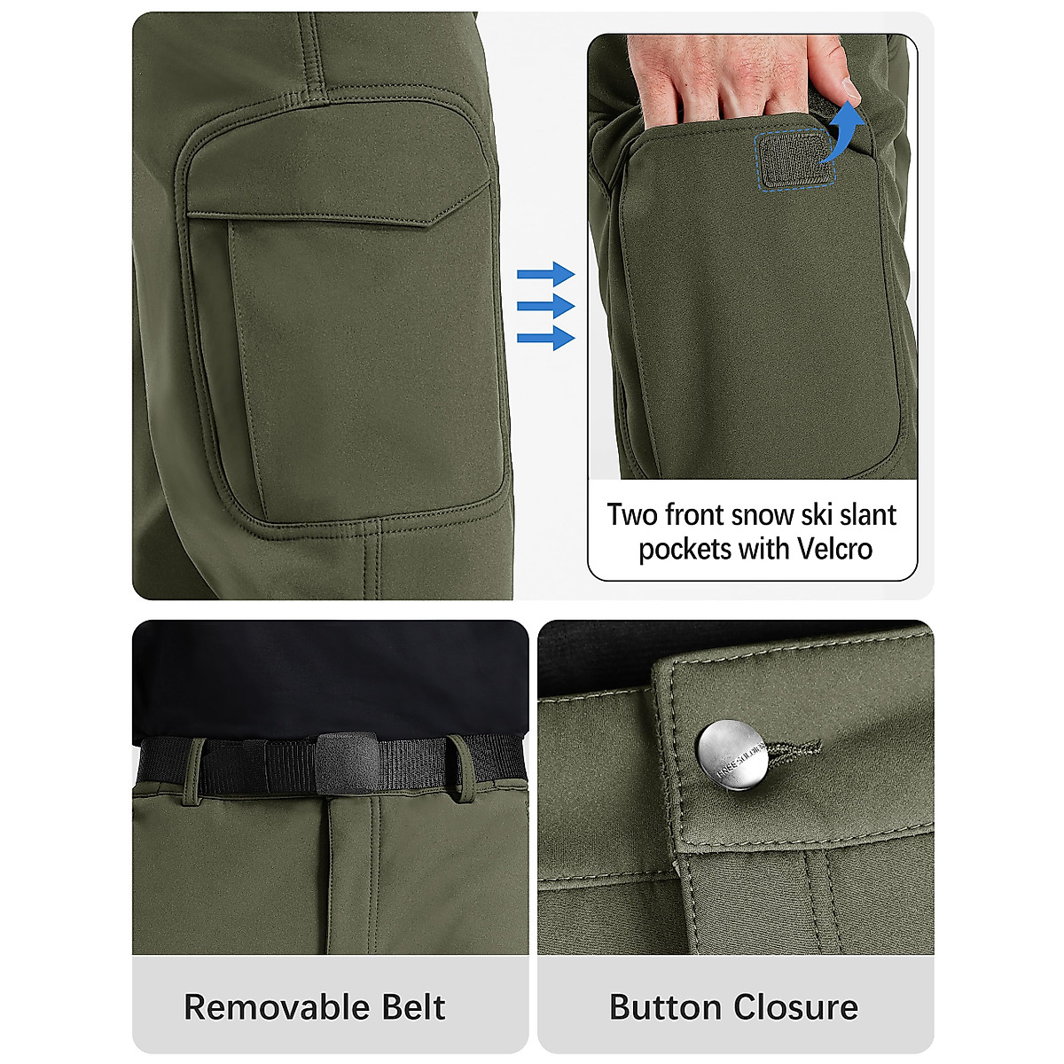 FREE SOLDIER Men's Outdoor Softshell Fleece Lined Cargo Pants Snow Ski Hiking Pants with Belt (Army Green 32W x 32L)