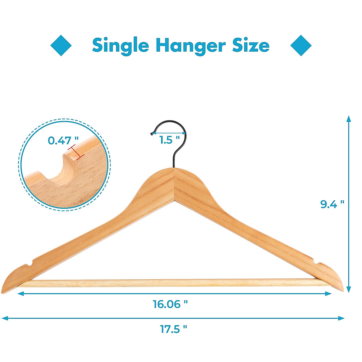 JS HOME Wooden Hangers 30 Pack, Strong Wood Suit Hangers with Extra Smooth Finish, Precisely Cut Notches and 360 Degree Black Swivel Hook, Solid Wooden Clothes Hangers for Shirt Coat Jacket Dress