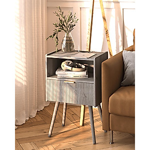JOONEE Nightstand with Outlet,Modern Bedside Table with Storage Drawer and Open Wood Shelf, for Living Room, Bedroom and Small Spaces, Accent Night Stand with Solid Wood Legs, Easy Assembly,Grey Oak