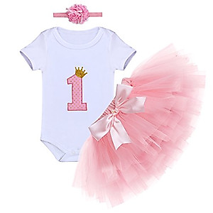 ODASDO Baby Girls First Birthday Outfit Newborn Infant 1st One Year Old Party Cake Smash Photo Props Crown 1 Cotton Short Sleeve Romper + Princess Tutu Skirt + Headband 3pcs Clothes Set Pink 01