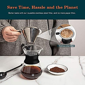 HEIHOX Pour Over Coffee Maker Set 14 oz Pour Over Coffee Dripper with Paperless Reusable Stainless Steel Cone Filter, Glass Coffee Carafe with Protective Silicone Sleeve