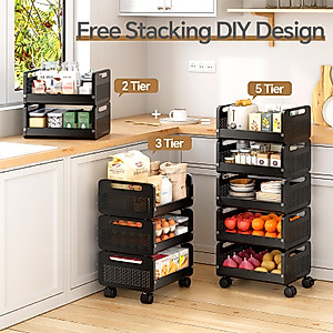 5 Tier Rolling Cart, Stackable Metal Kitchen Storage Cart with Wheels, Black