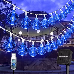YZIXNUY Solar String Lights Outdoor Waterproof, 30.2FT 60 LED Crystal Globe Fairy Lights Solar Powered& USB Plug-in Powered with 8 Lighting Modes for Indoor Outdoor Party Home Backyard Wedding (Blue)