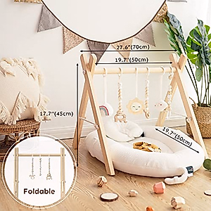 Wooden Baby Gym with 6 Wooden Baby Toys Foldable Baby Play Gym Frame Activity Gym Hanging Bar Newborn Gift Baby Girl and Boy Gym