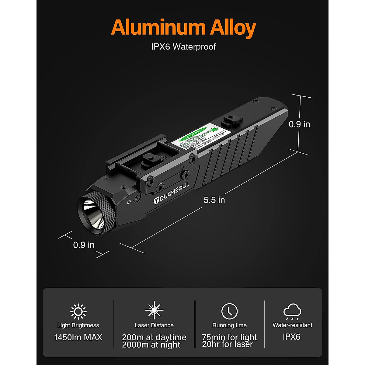 TOUGHSOUL Tactical Flashlight Green Red Laser Sight Combo, 1450 Lumen Picatinny Rail MLOK Mounted Rechargeable Rifle Flashlight (Green Laser)
