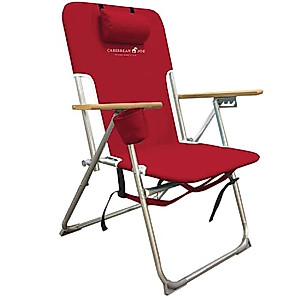 Caribbean Joe Folding Beach Chair, 4 Position Portable Backpack Foldable Camping Chair with Headrest, Cup Holder, and Wooden Armrests, Red, 33.5"D x 3"W x 25"H