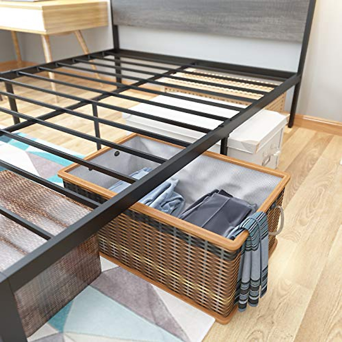 Weehom Metal Bed Frame Queen Size Bed with Lock Design Storage Bed Frame Mattress Foundation No Box Spring Needed/Under Bed Storage Black