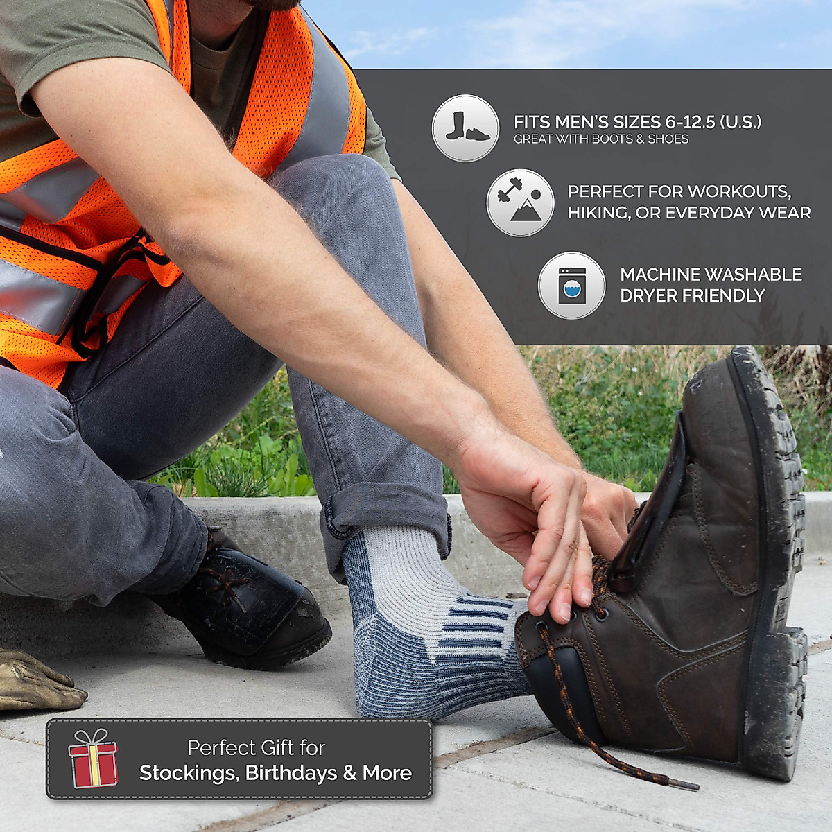 HOT FEET 4 Pack Work Socks for Men & Women - Breathable Boot Hiking Socks, Moisture Wicking Thick Wool Socks, Sizes 6-12.5, Man, Gray & Blue