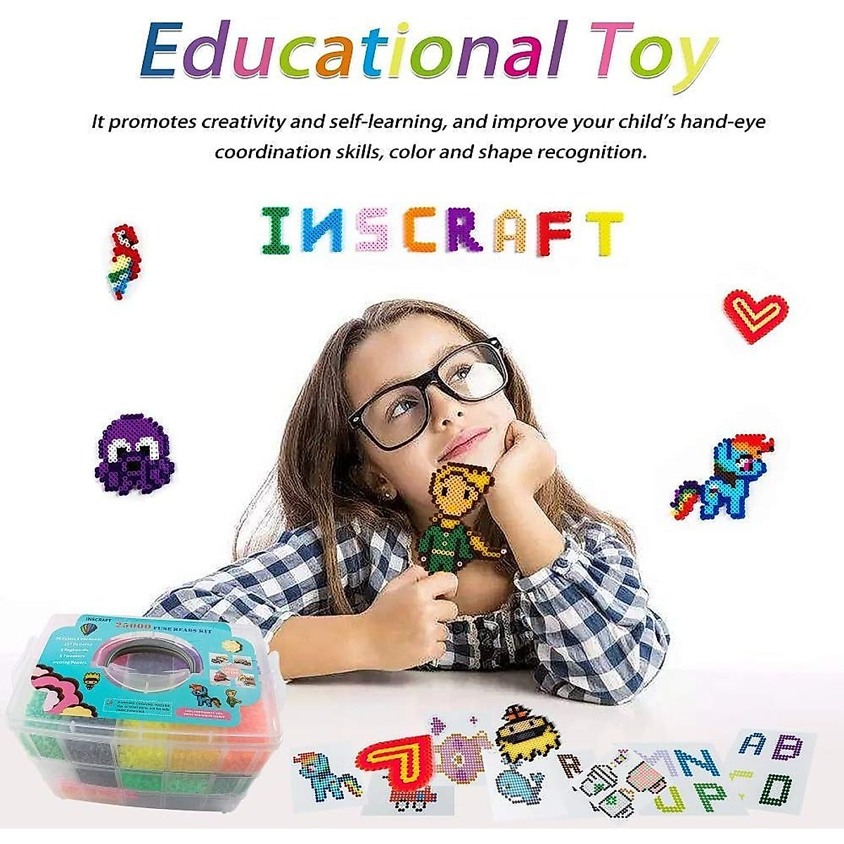 Fuse Beads, 25,000 pcs Fuse Beads Kit 26 Colors 5MM, Including 127 Patterns, 4 Big Square Pegboards, 1 Heart Pegboards, 1 Flower Pegboards, Ironing Paper, Tweezers, Beads Compatible by INSCRAFT