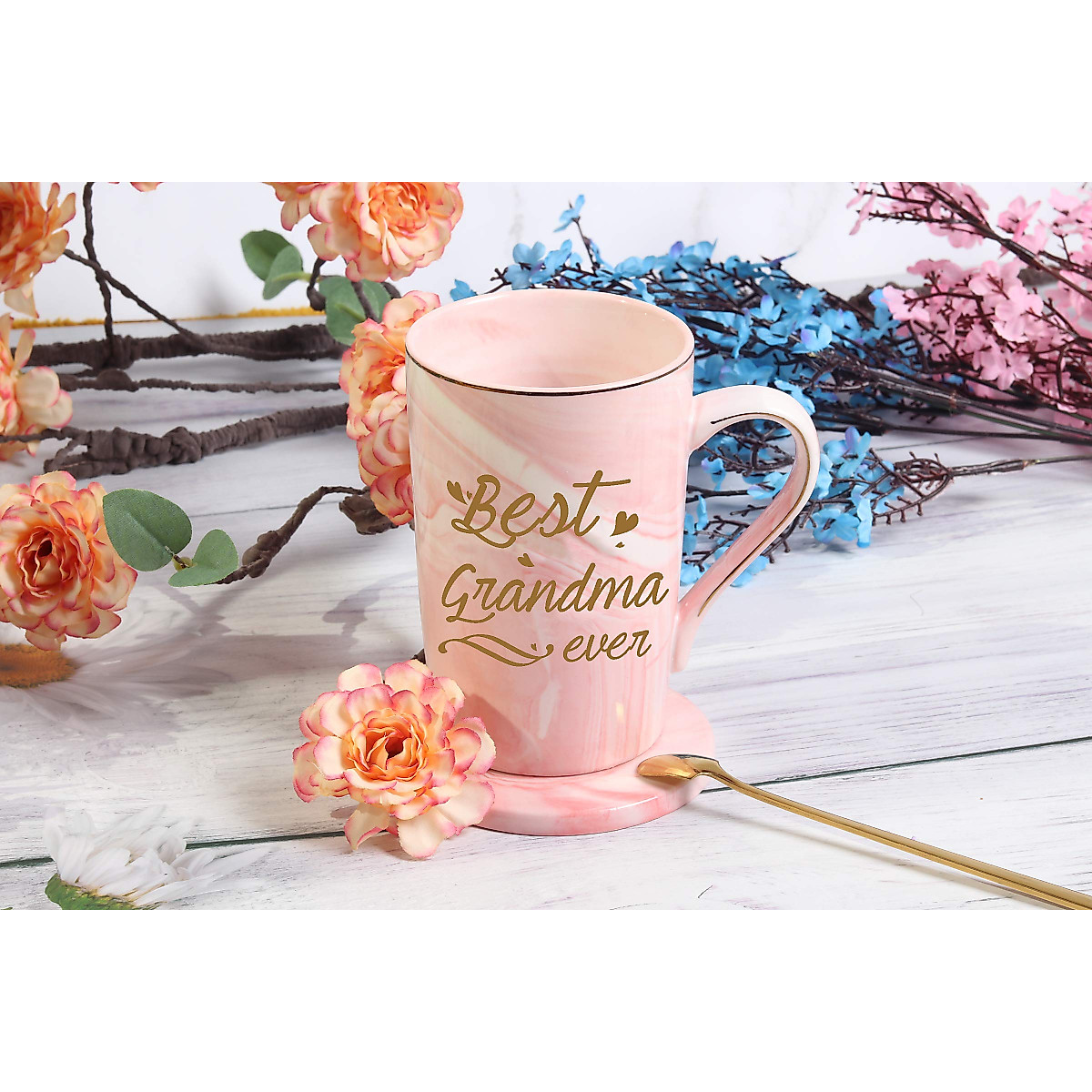 Best Grandma Mug Best Grandma Ever Mug Grandma gifts Birthday Mothers Day Gifts for Grandma from Granddaughter Grandson Grandchildren Grandkids 14 Ounce Exquisite Box Spoon and Mug Mat Pink