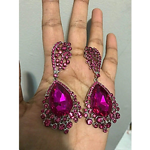 3.25" Long Hot Pink Fuchsia Dangle Pageant Rhinestone Crystal Silver Earrings