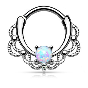Forbidden Body Jewelry 16g Synthetic White Opal Surgical Steel Filigree Lacey Detail Septum Hoop Clicker Ring