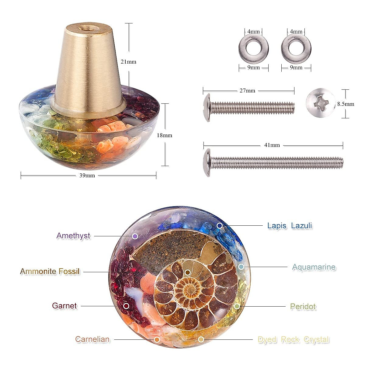 SUNYIK 4PCS 7 Chakra Ammonite Fossil Drawer Knobs with Screws, Round Crystal Stone Pull Handles for Cupboards Dressers Doors Wardrobes Furniture Home Decor