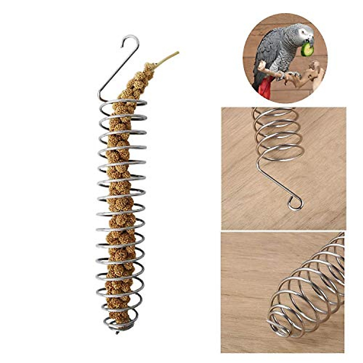 alfyng 5 PCS Bird Food Holder Set, 2pc Parrot Hanging Cage Vegetable Fruit Feeder and Clips, 1pc Bird Stand Perch, Stainless Steel Bird Treat Skewer Parrot Foraging Toy, Animal Feeding Treating Tool