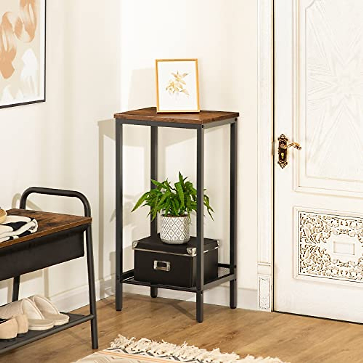 HOOBRO Tall Side Table, Industrial End Telephone Table with Adjustable Mesh Shelves, Small Entryway Table, Laptop Table for Office, Hallway, Living Room, Rustic Brown and Black BF03DH01