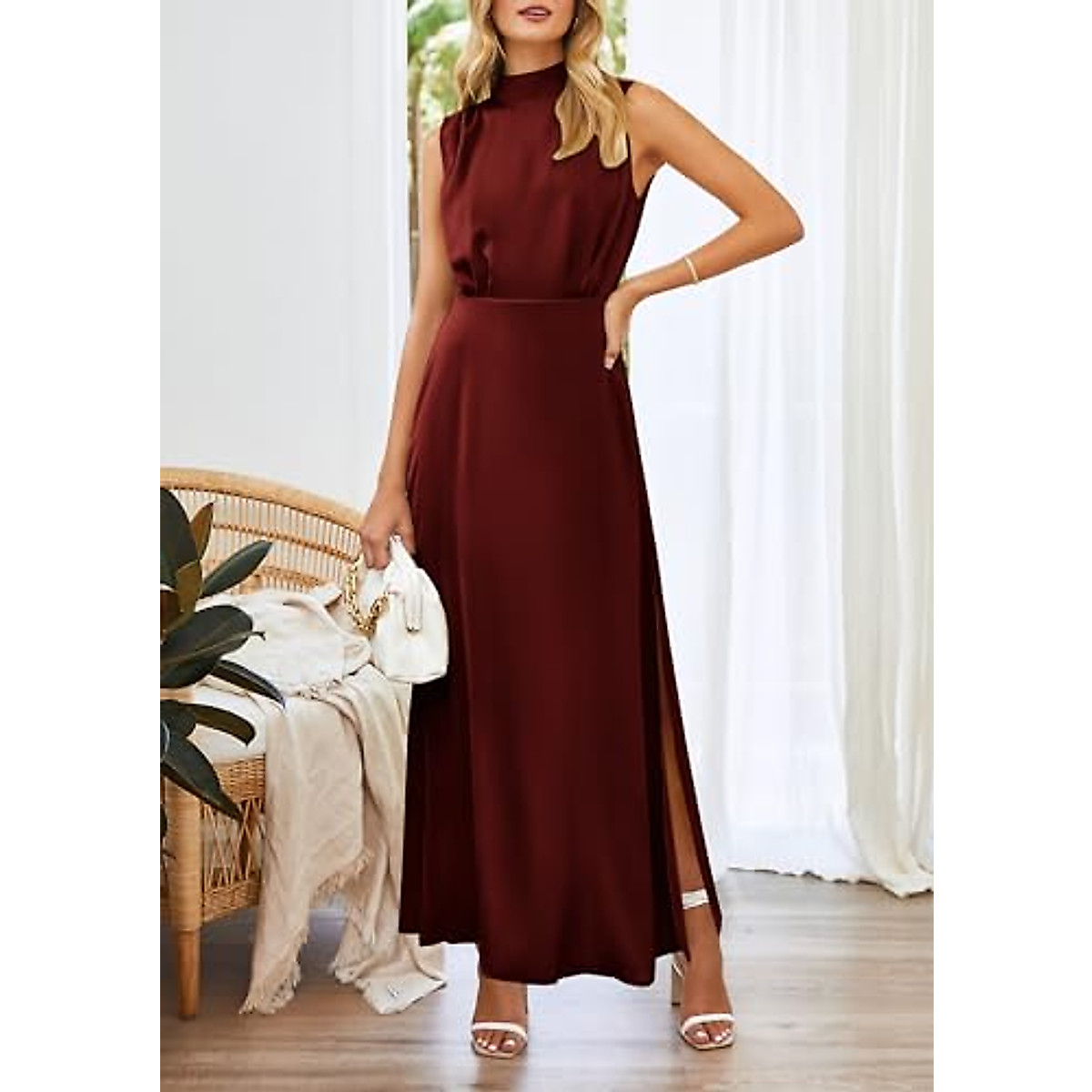 PRETTYGARDEN Women's Long Formal Satin Dress Mock Neck Sleeveless Side Slit Flowy Maxi Tank Dresses (Deep Red,Medium)
