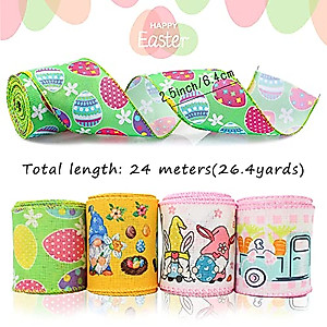 Easter Wired Edge Ribbon, 2.5 Inch x 26 Yards Easter Eggs Printed Ribbon Easter Truck Bunny Gnome Fabric Ribbons for Easter Wrapping Wreath Party Decoration DIY Craft Supplies