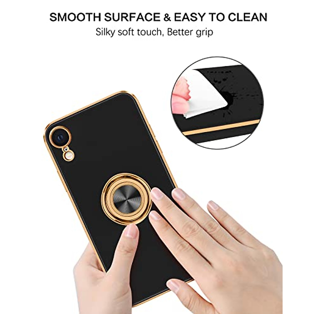 BENTOBEN iPhone XR Case, Phone Case iPhone XR, Slim Fit Sparkly Kickstand Ring Holder Design Shockproof Protection Soft TPU Bumper Drop Protective Girls Women Boys iPhone XR 6.1" Cover, Black/Golden
