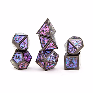DND Polyhedral Metal Game Dice Glitter Purple and Pink with Black Numbers 7pc Set for Dungeons and Dragons RPG MTG Table Games D&D Pathfinder Shadowrun and Math Teaching