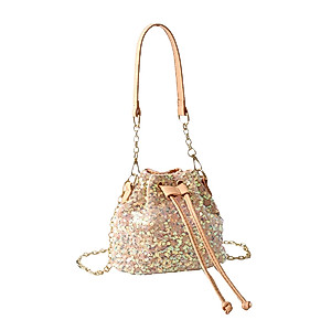 Verdusa Women's Sequin Drawstring Bucket Bags Glitter Crossbody Handbag Mini Purse Khaki one-size