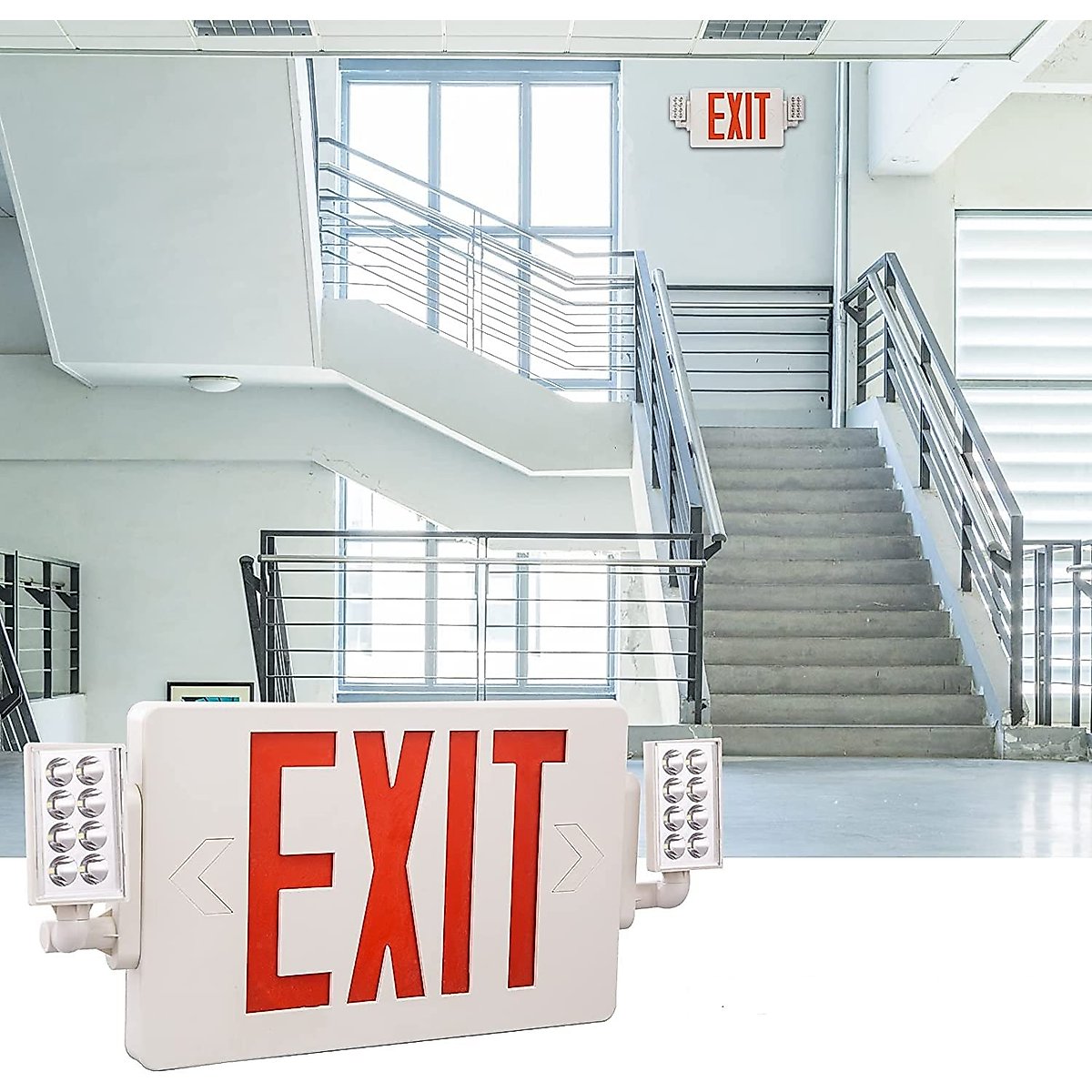 EXITLUX 2 Packs UL Listed- Led Red Exit Sign Emergency Light Combo- Two LED Adjustable Head Emergency Exit Lights with Battery Backup- ABS Fire Resistance 120-277V-Double Face-Exit Sign for Business