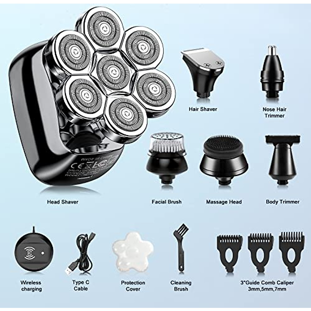 Head Shaver for Men, Electric IPX7 Waterproof Wet/Dry Beard Facial Nose Hair Trimmer, 7D Ultimate Mens Cordless Rechargeable Rotary Shaver Razor with Brushes, Combs & Massager, LED Display