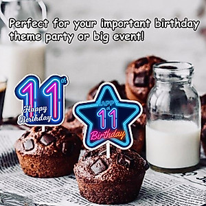 18pcs Blue Fluorescence Glitter Dessert Cupcake Topper Cheer to Let’s Glow Crazy Happy 11th Birthday Theme Decoration Supplies Anniversary Wedding Party Decor Supplies